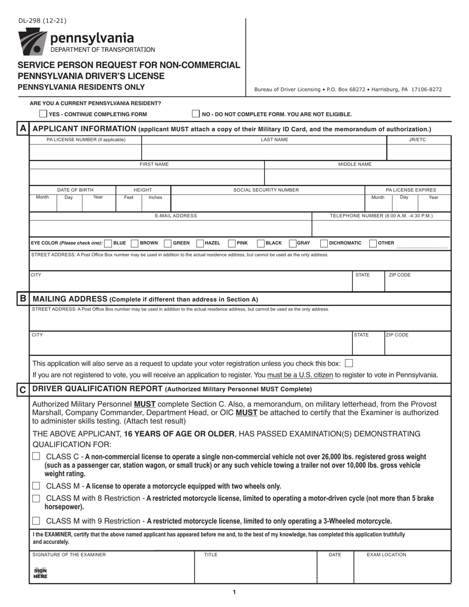 Form DL-298 - Fill Out, Sign Online and Download Fillable PDF, Pennsylvania | Templateroller