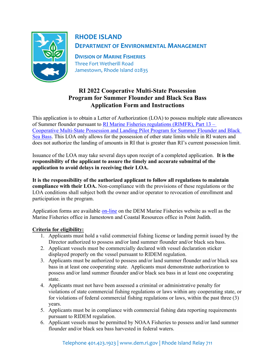 2022 Rhode Island Application Form - Cooperative Multi-State Possession Program for Summer ...