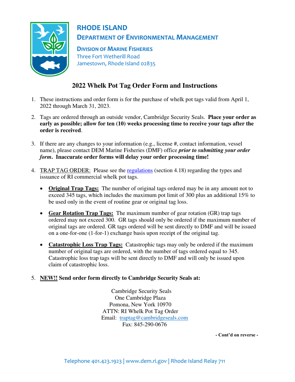 2022 Rhode Island Whelk Pot Tag Order Form - Fill Out, Sign Online and ...