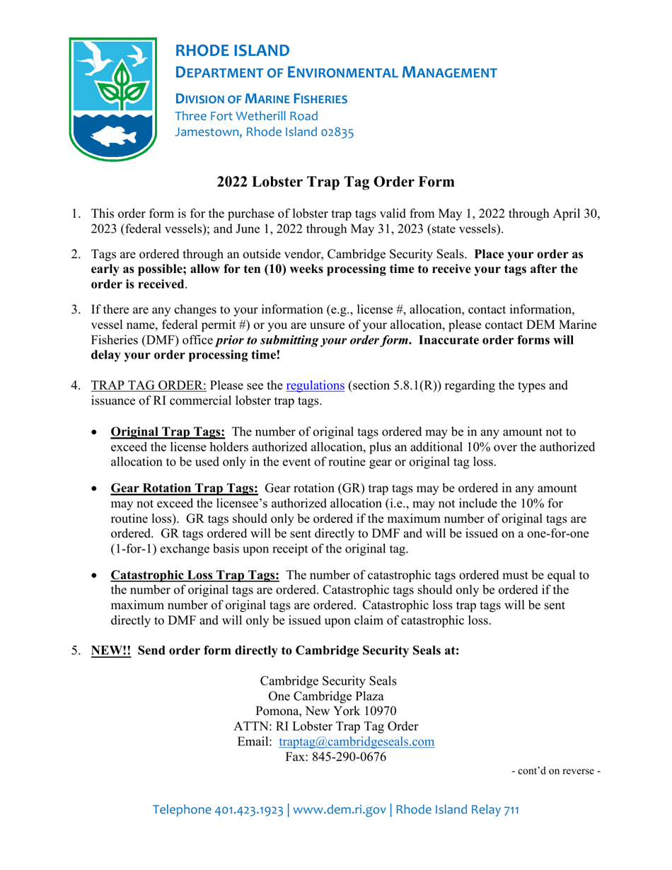 2022 Rhode Island Lobster Trap Tag Order Form - Fill Out, Sign Online ...