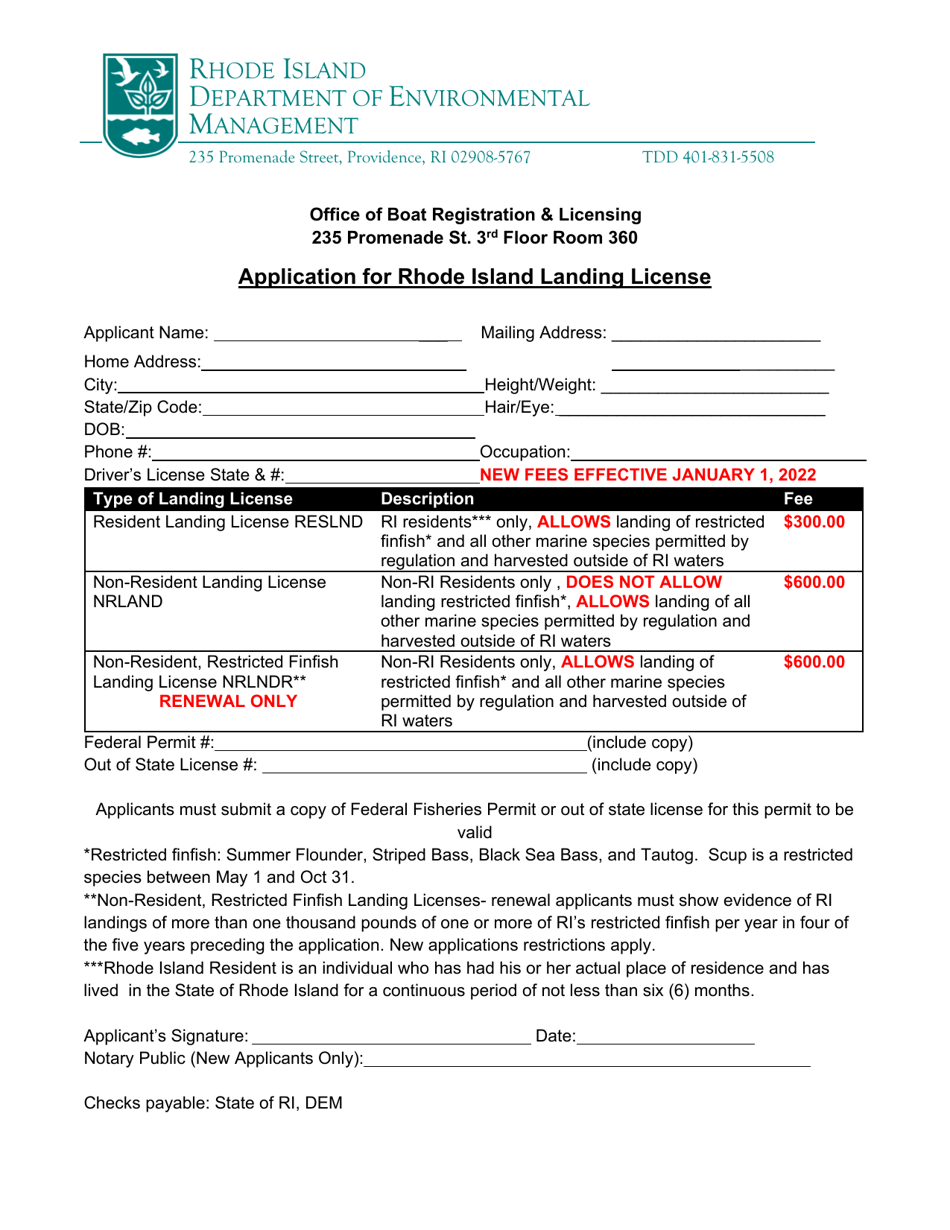 Rhode Island Application for Rhode Island Landing License Download ...