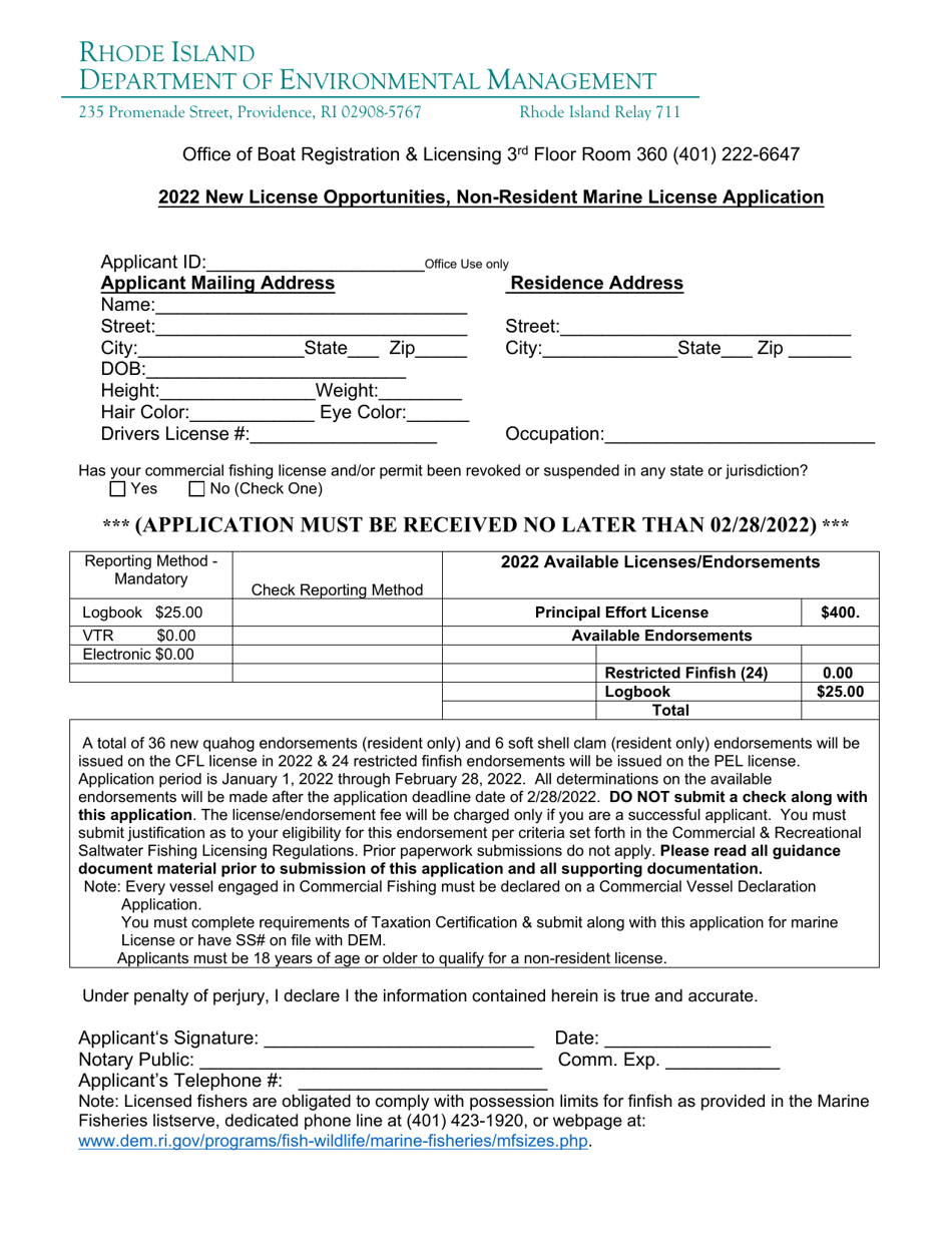2022 Rhode Island New License Opportunities, Non-resident Marine ...