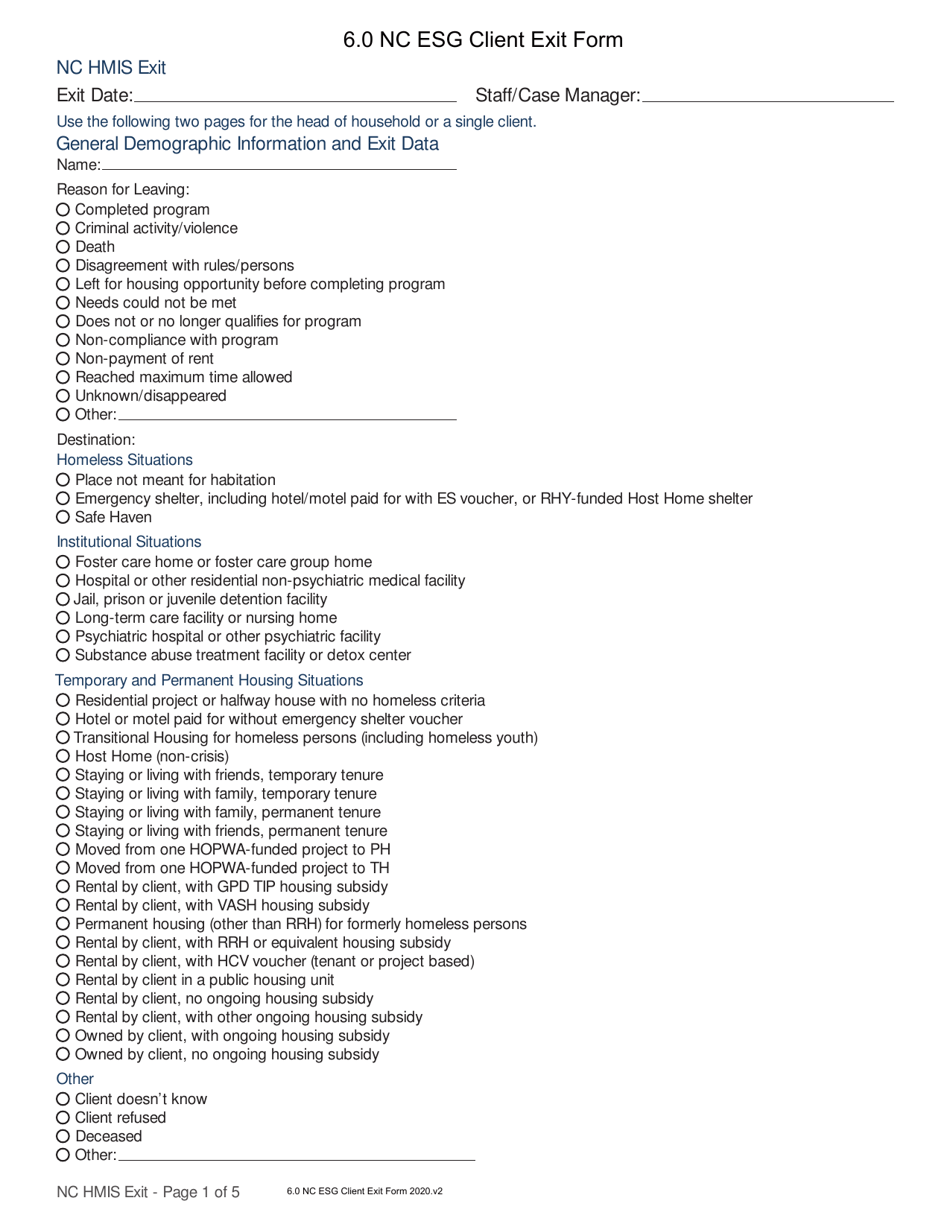North Carolina 6.0 Nc Esg Client Exit Form - Fill Out, Sign Online and Download PDF | Templateroller