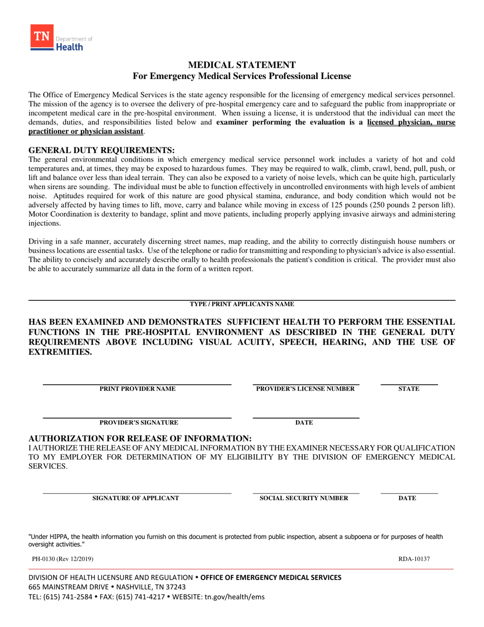 Form PH-0130 - Fill Out, Sign Online and Download Printable PDF, Tennessee | Templateroller