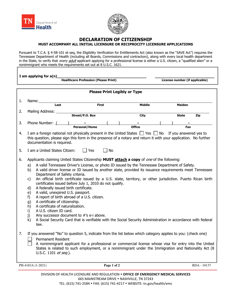 Form PH-4183A - Fill Out, Sign Online and Download Fillable PDF ...