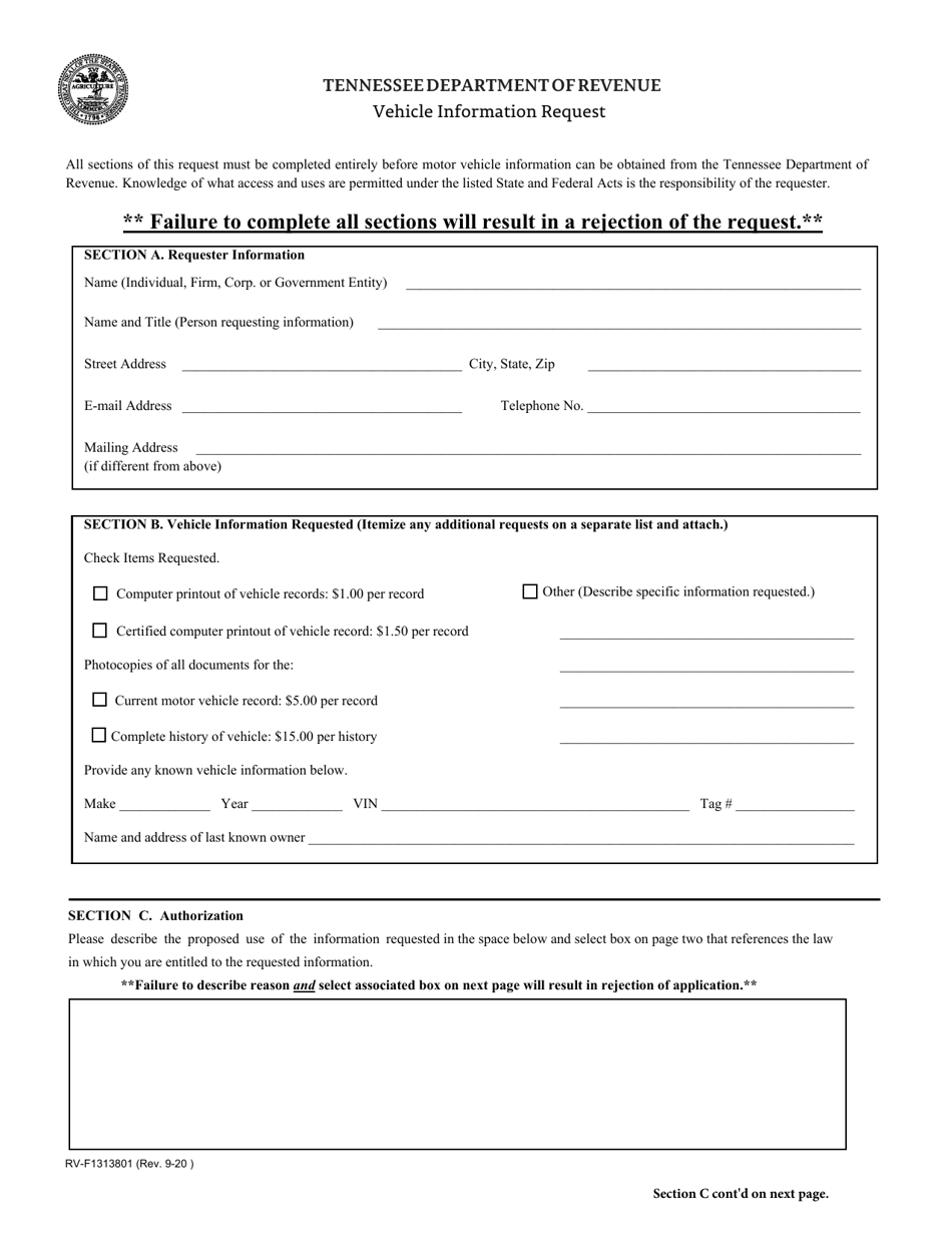 Form RV-F1313801 Download Fillable PDF or Fill Online Vehicle ...