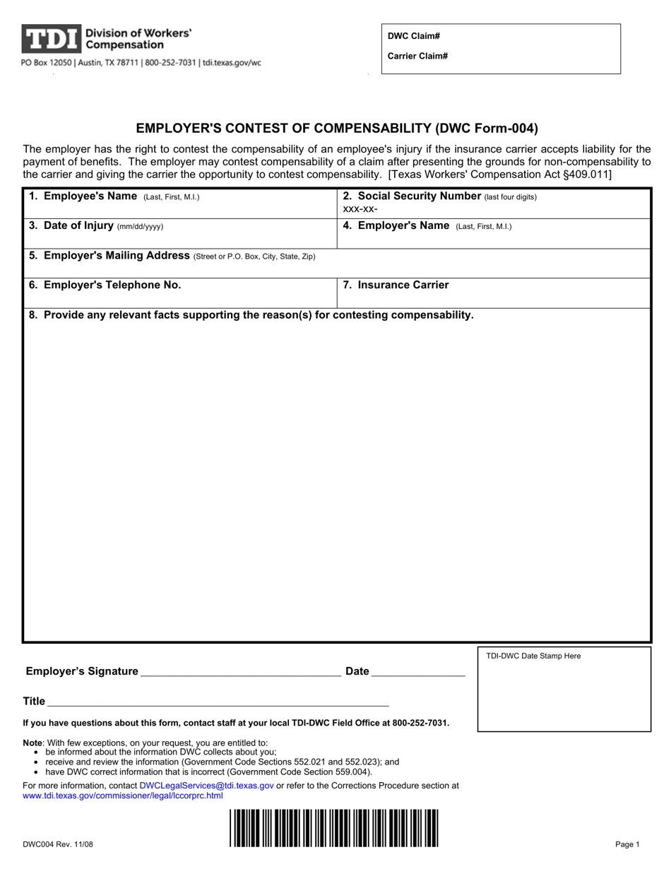 Form DWC004 - Fill Out, Sign Online and Download Fillable PDF, Texas ...
