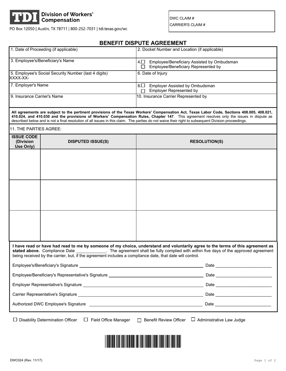 Form DWC024 - Fill Out, Sign Online and Download Fillable PDF, Texas ...