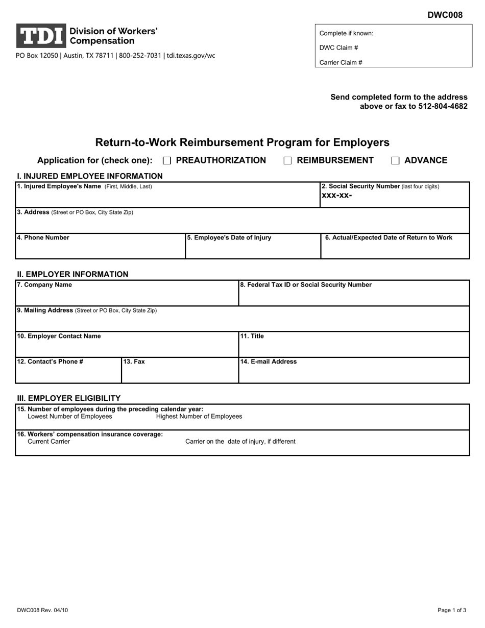 Form DWC008 - Fill Out, Sign Online and Download Fillable PDF, Texas ...