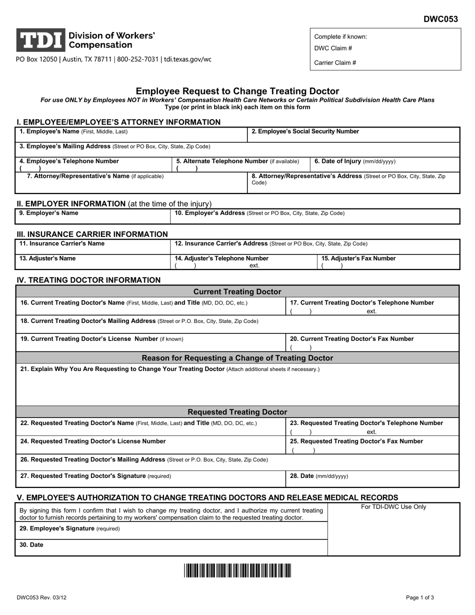 Form DWC053 - Fill Out, Sign Online and Download Fillable PDF, Texas ...