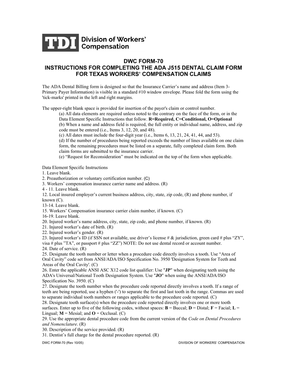 Form DWC70 - Fill Out, Sign Online and Download Printable PDF, Texas ...