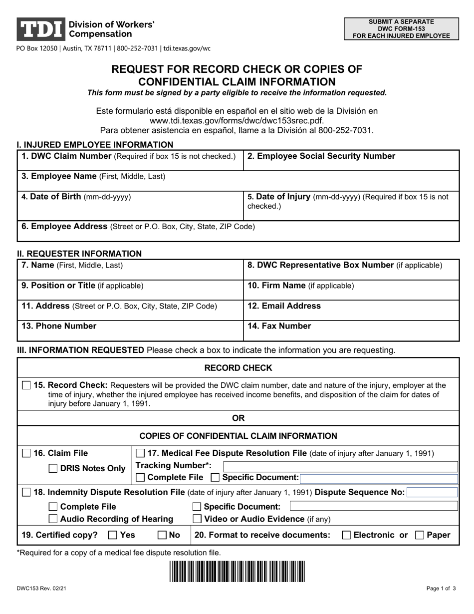 Form DWC153 - Fill Out, Sign Online and Download Fillable PDF, Texas ...
