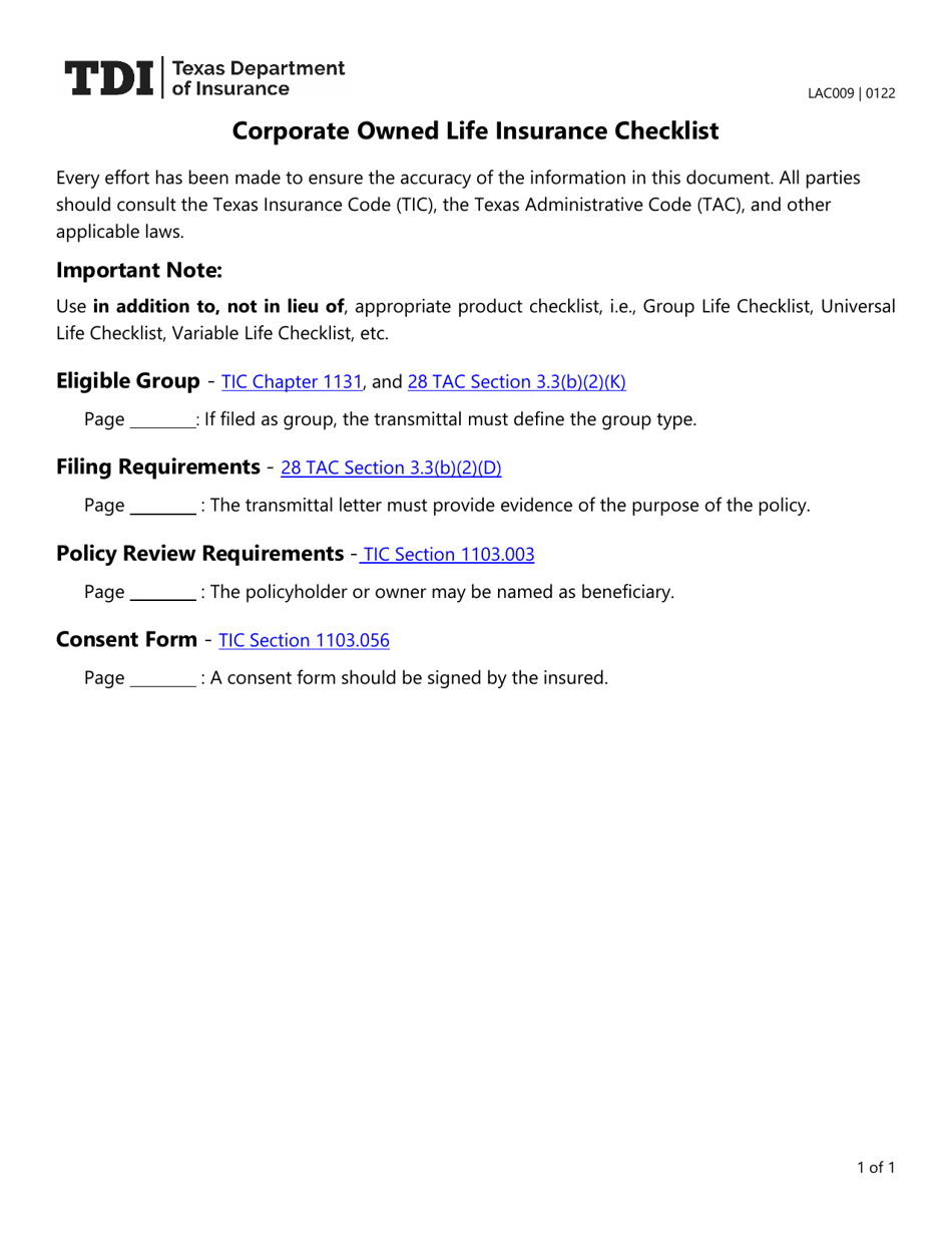 Form LAC009 Download Fillable PDF or Fill Online Corporate Owned Life ...