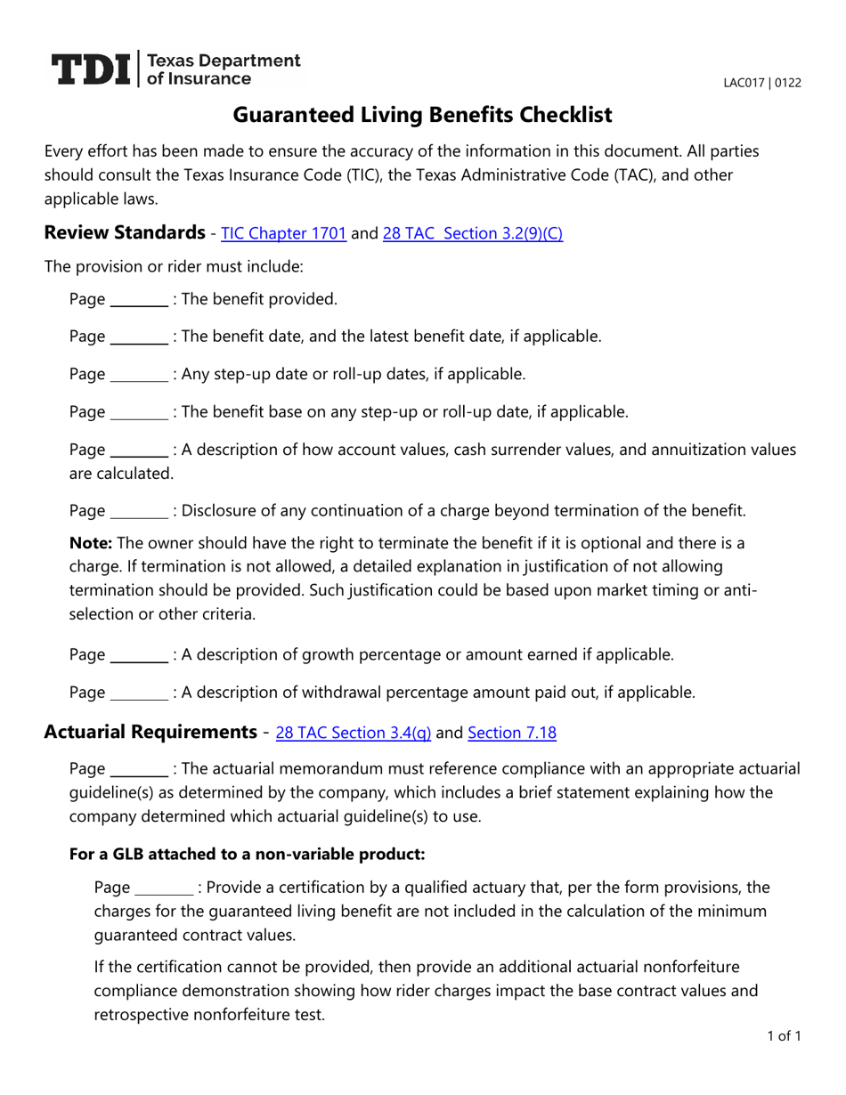 Form LAC017 Download Fillable PDF or Fill Online Guaranteed Living ...