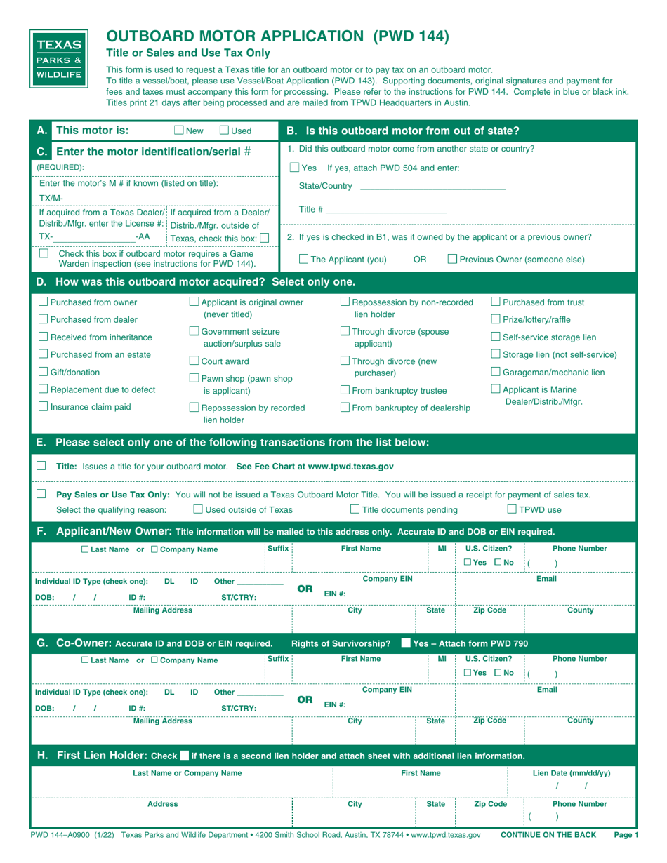 Form PWD144 Download Fillable PDF or Fill Online Outboard Motor ...