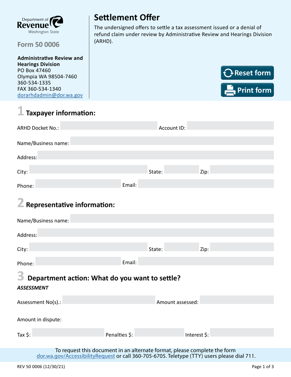 Form REV50 0006 Download Fillable PDF or Fill Online Settlement Offer ...