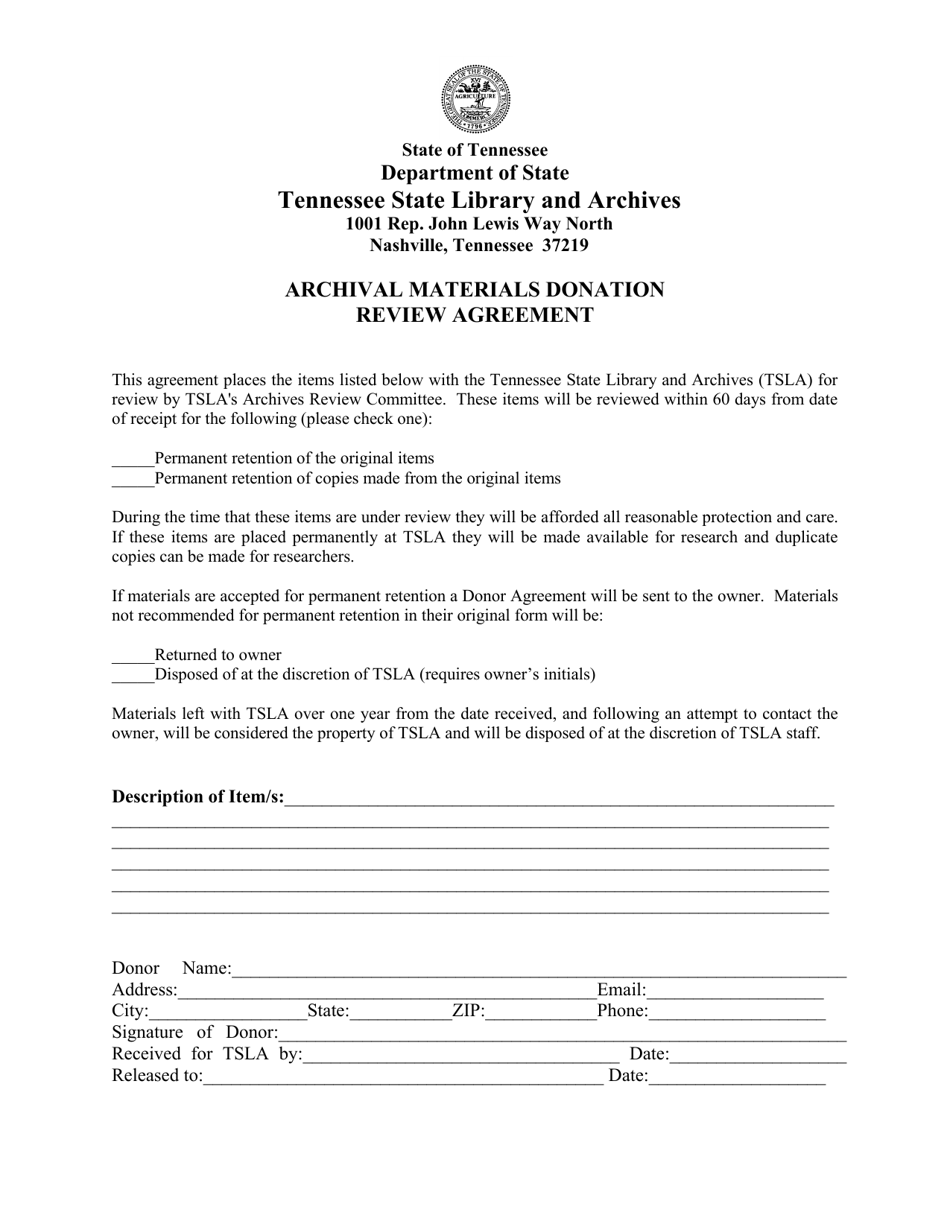 Tennessee Archival Materials Donation Review Agreement - Fill Out, Sign Online and Download PDF ...