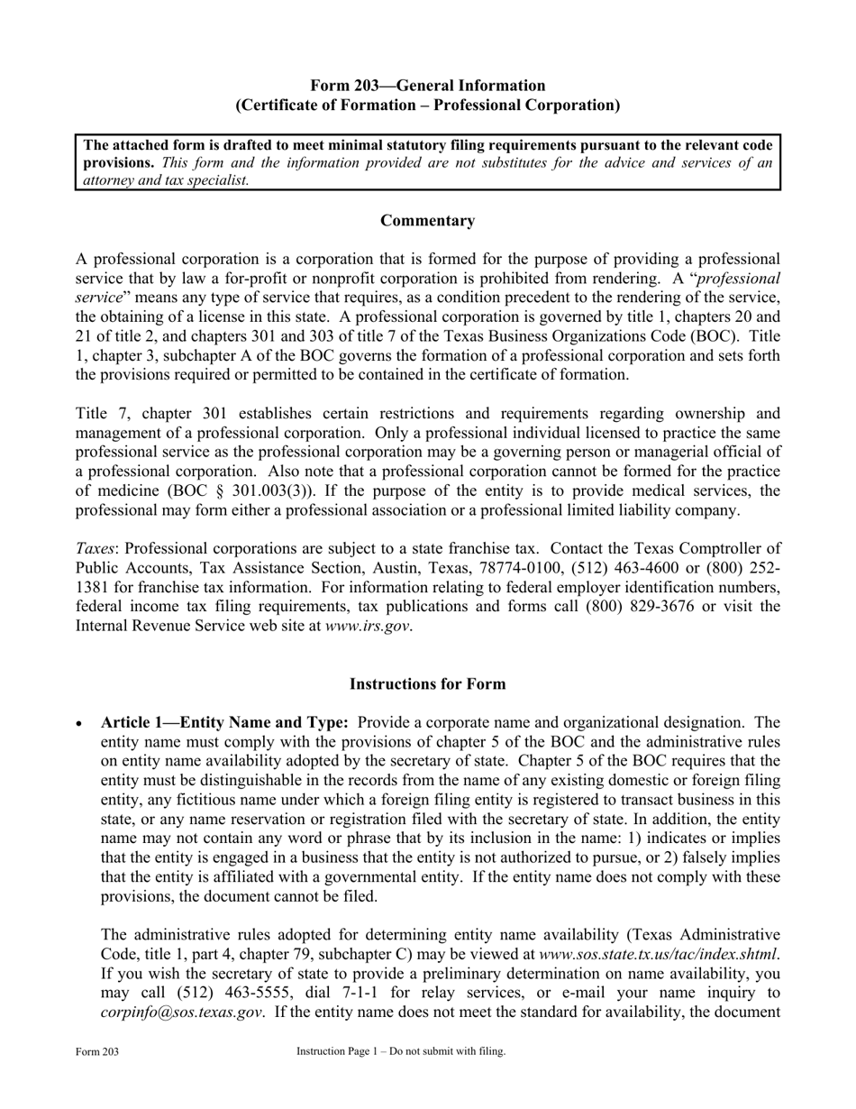 Form 203 Download Fillable PDF or Fill Online Certificate of Formation ...