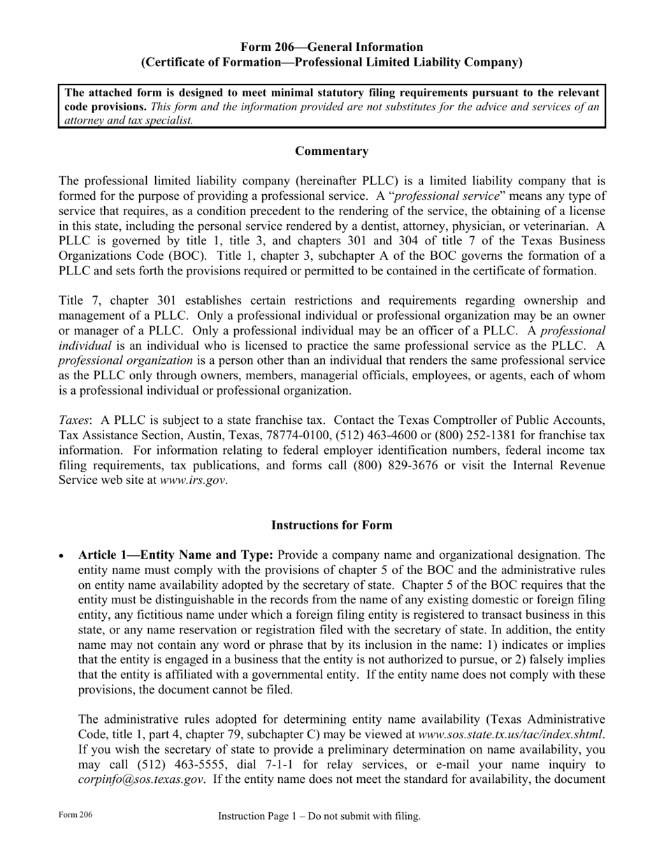 Form 206 Download Fillable PDF or Fill Online Certificate of Formation ...