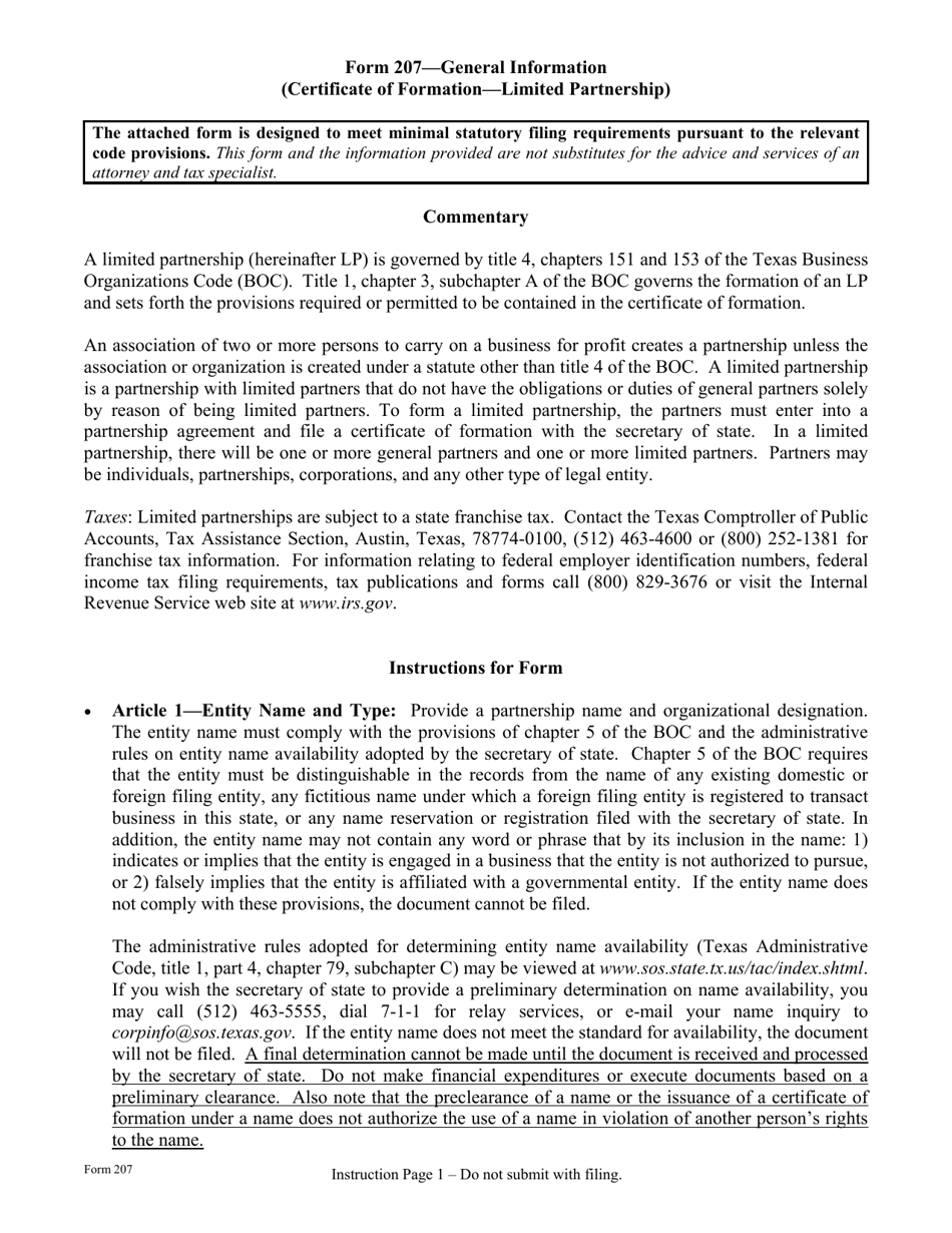 Form 207 Download Fillable PDF or Fill Online Certificate of Formation ...