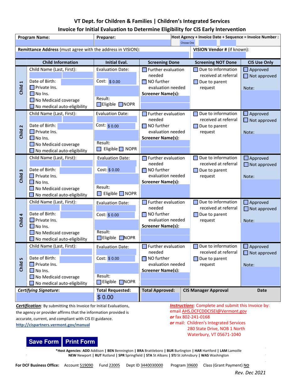 Vermont Invoice for Initial Evaluation to Determine Eligibility for Cis ...