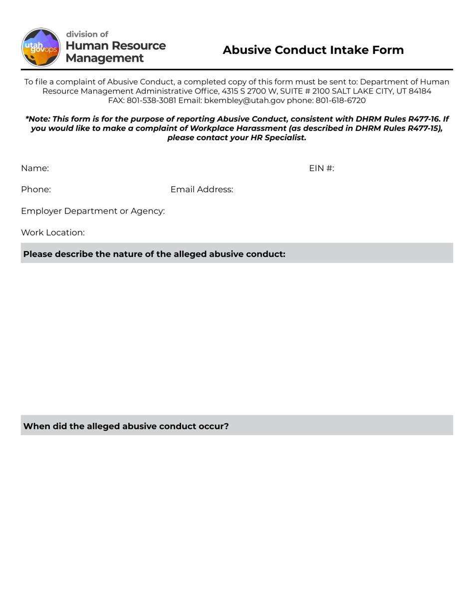 Utah Abusive Conduct Intake Form - Fill Out, Sign Online and Download ...