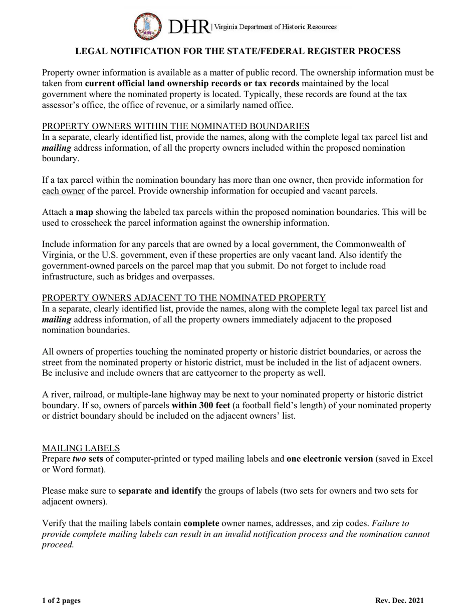 Virginia Legal Notification for the State/Federal Register Process ...