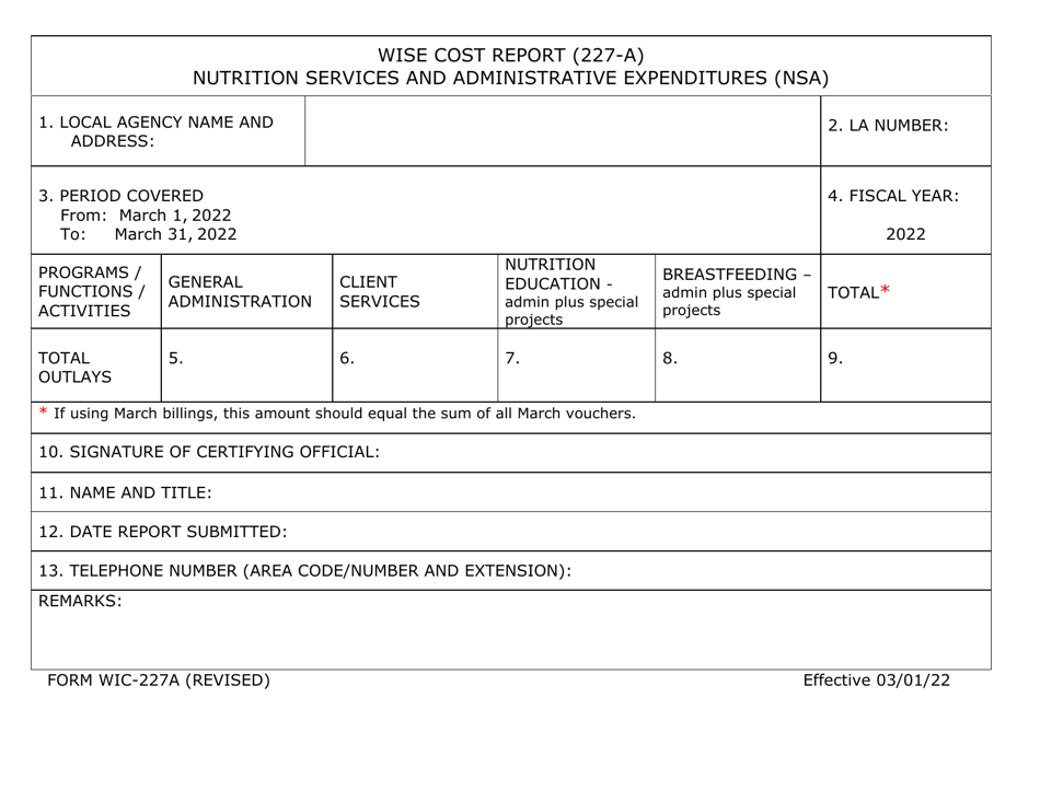 Form WIC-227A - 2022 - Fill Out, Sign Online and Download Fillable PDF ...