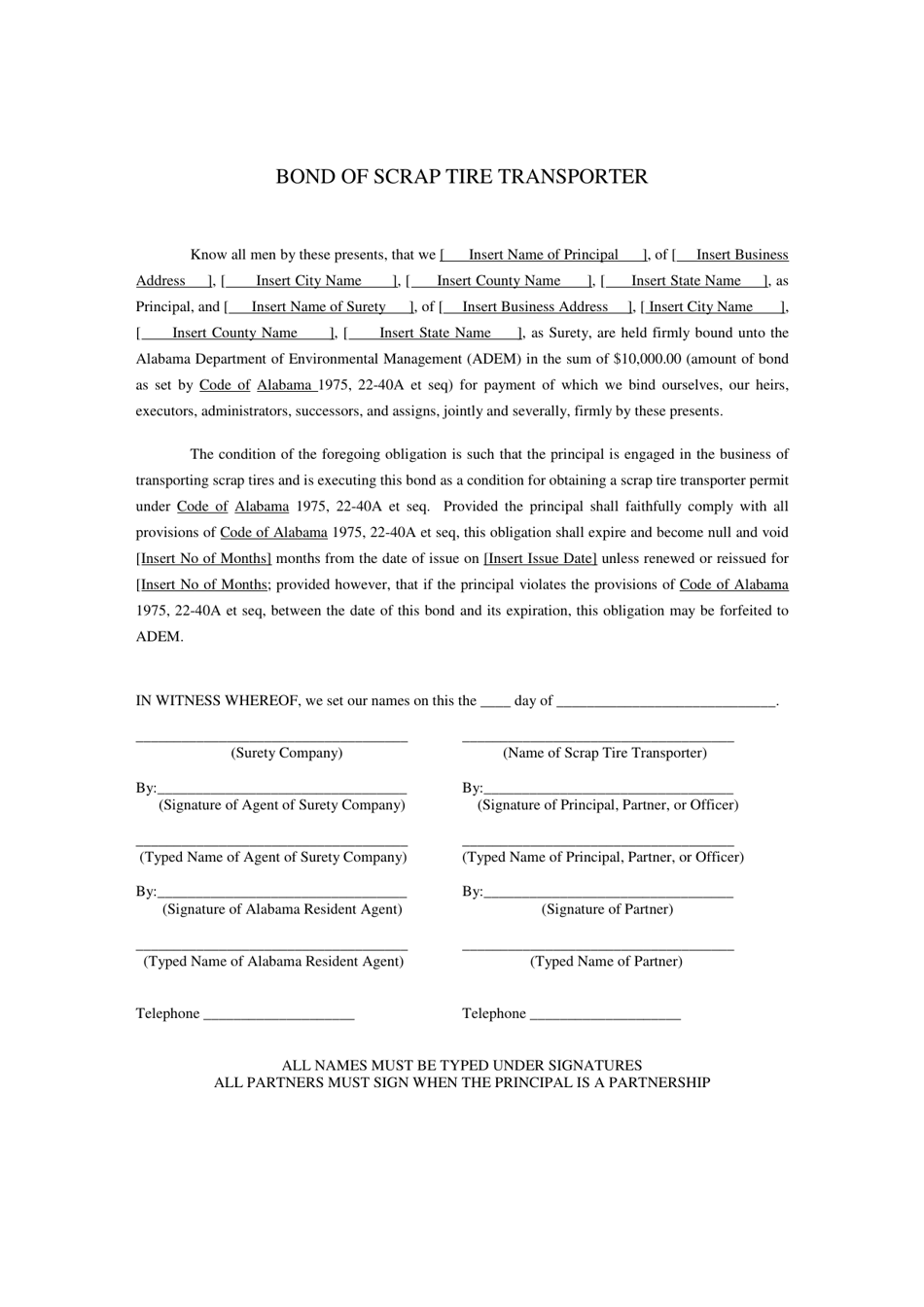 Alabama Bond of Scrap Tire Transporter - Fill Out, Sign Online and ...