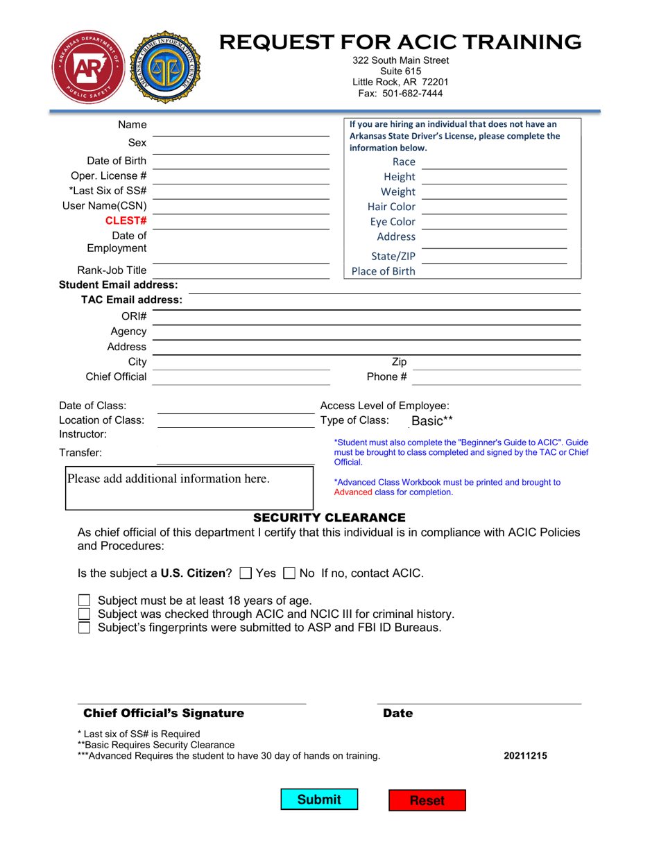 Arkansas Request for Acic Training Download Printable PDF 2019 — 2024 ...