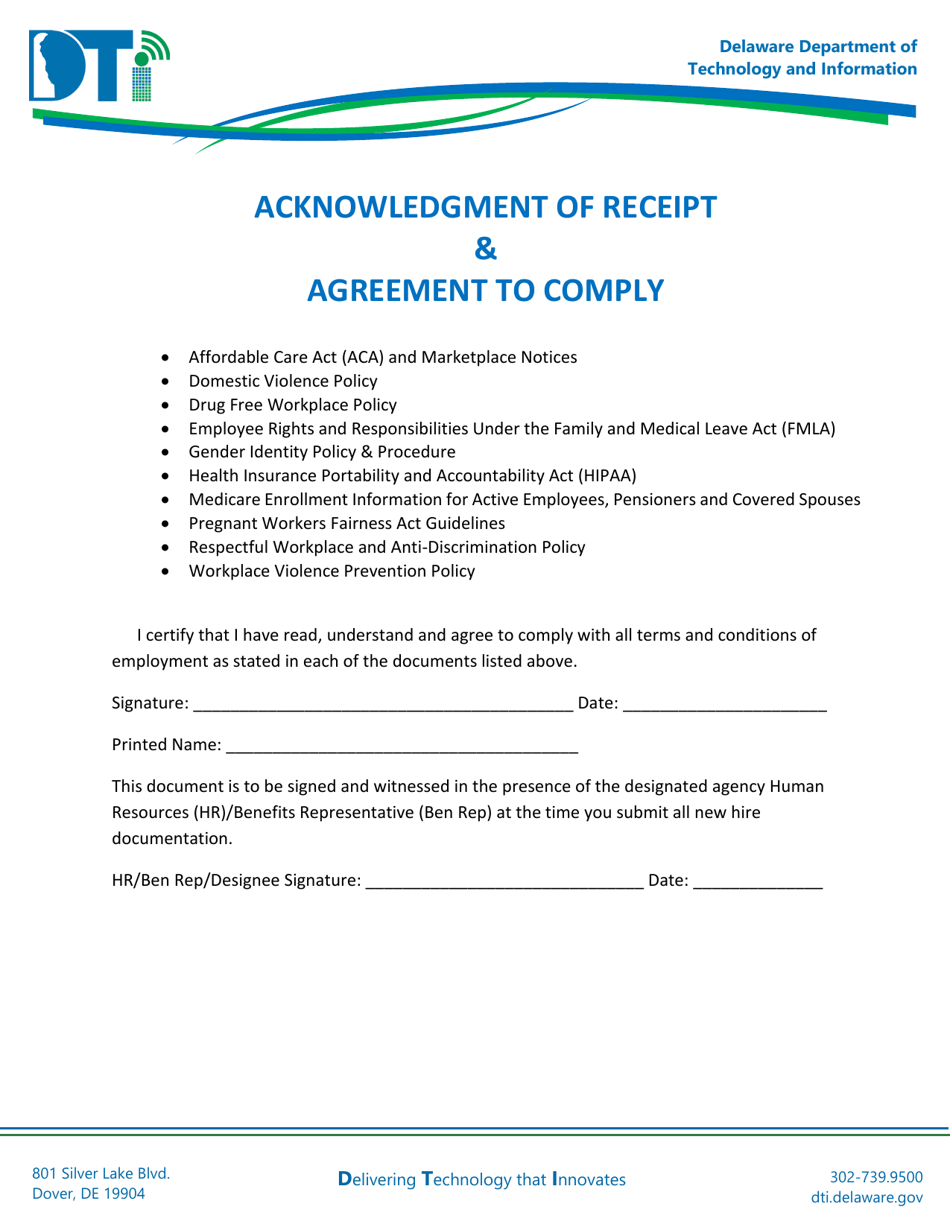 Delaware Acknowledgment of Receipt & Agreement to Comply - Fill Out ...
