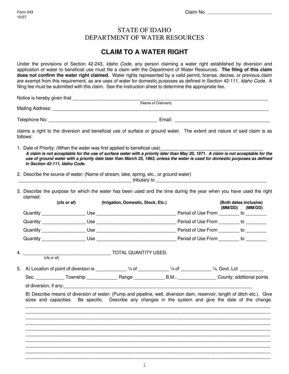 Form 243 - Fill Out, Sign Online and Download Fillable PDF, Idaho ...
