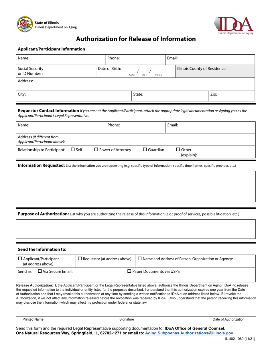 Form IL-402-1089 Download Fillable PDF or Fill Online Authorization for ...