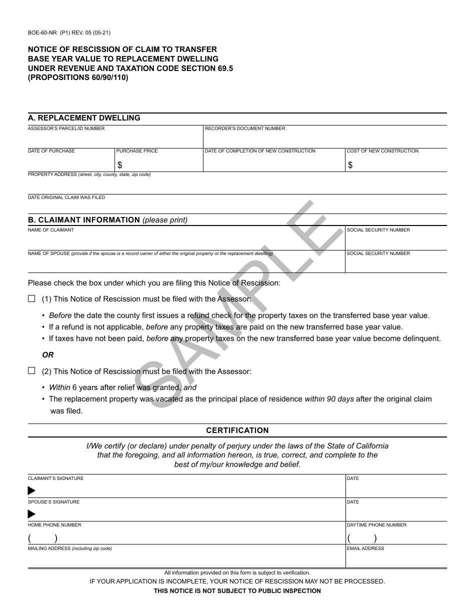 Form BOE-60-NR Download Printable PDF or Fill Online Notice of ...