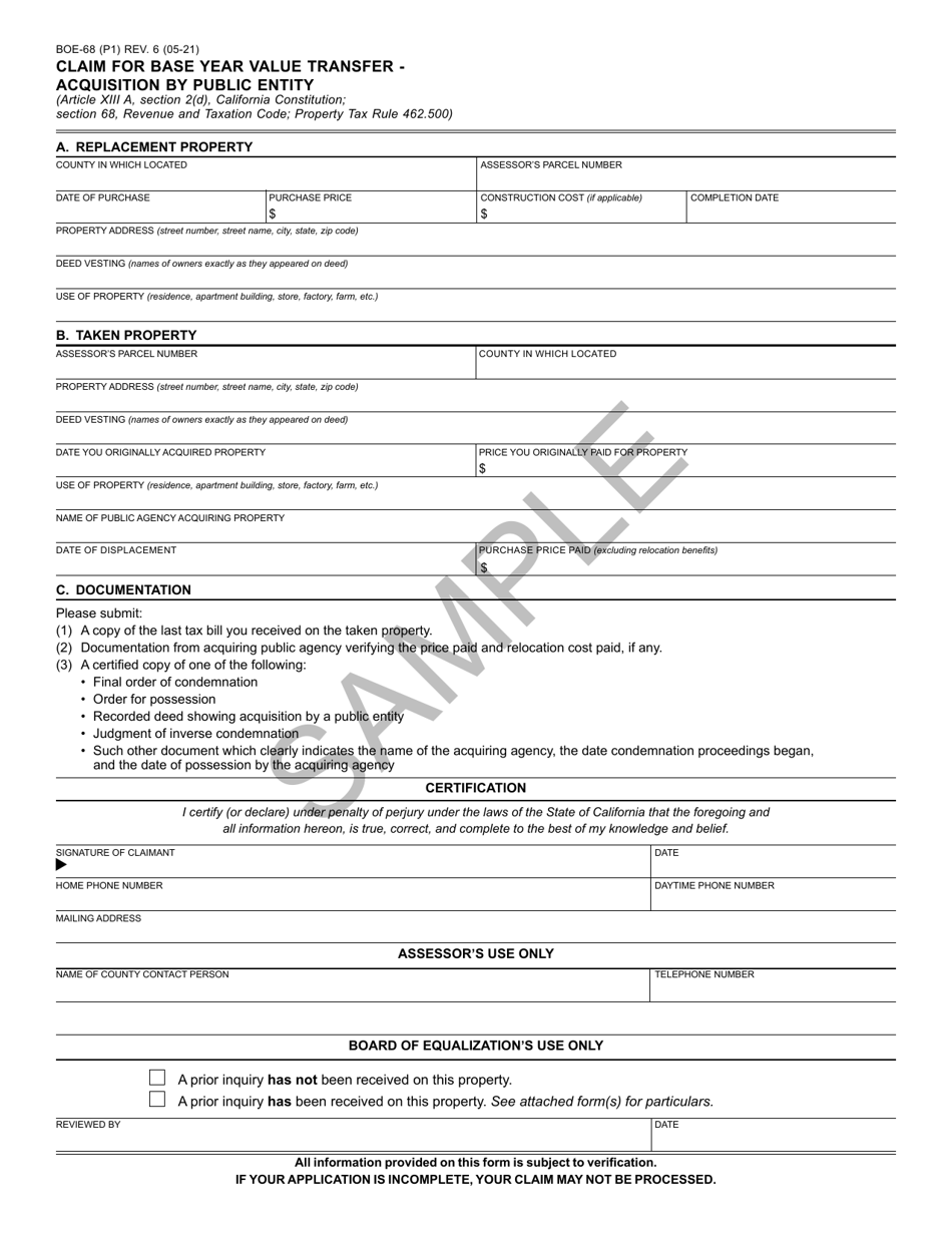 Form BOE-68 - Fill Out, Sign Online and Download Printable PDF ...