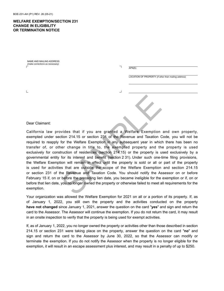 Form BOE-231-AH Download Printable PDF or Fill Online Welfare Exemption ...