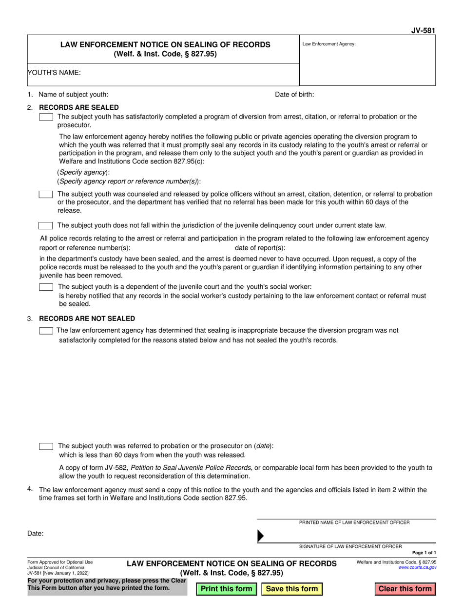 Form JV-581 - Fill Out, Sign Online and Download Fillable PDF ...