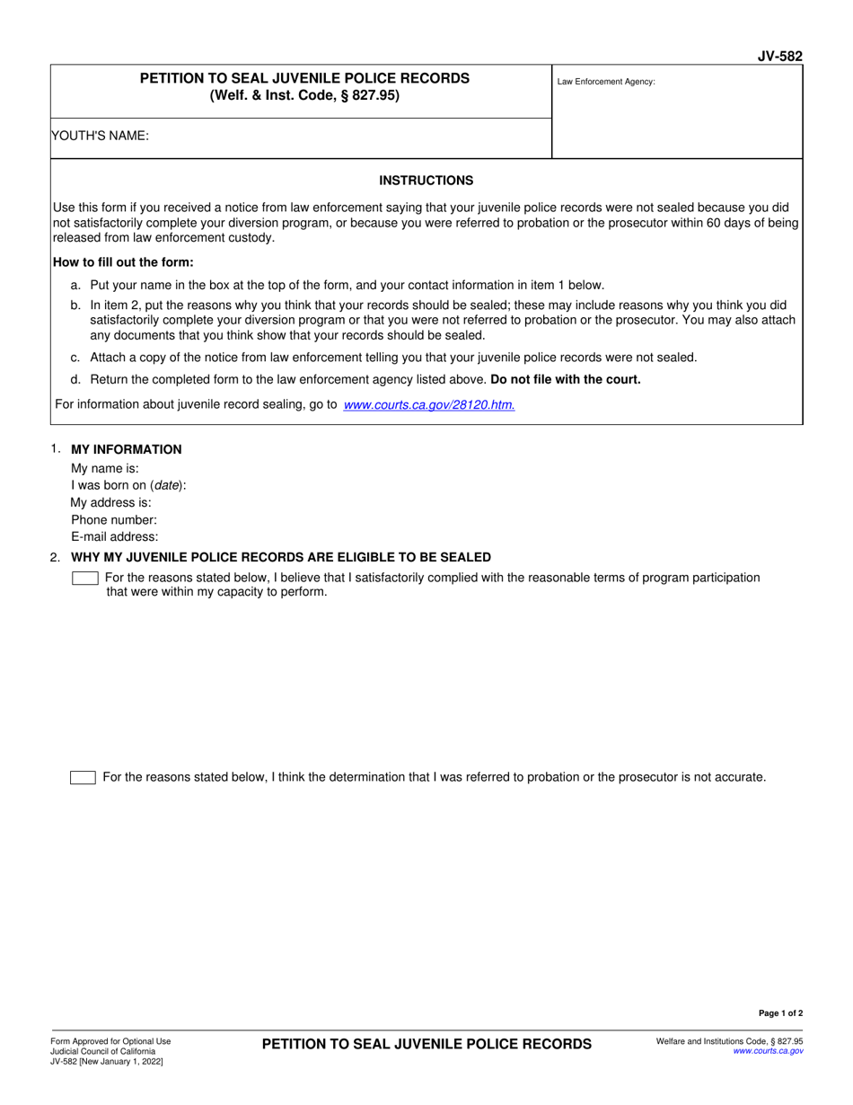 Form JV-582 - Fill Out, Sign Online and Download Fillable PDF ...