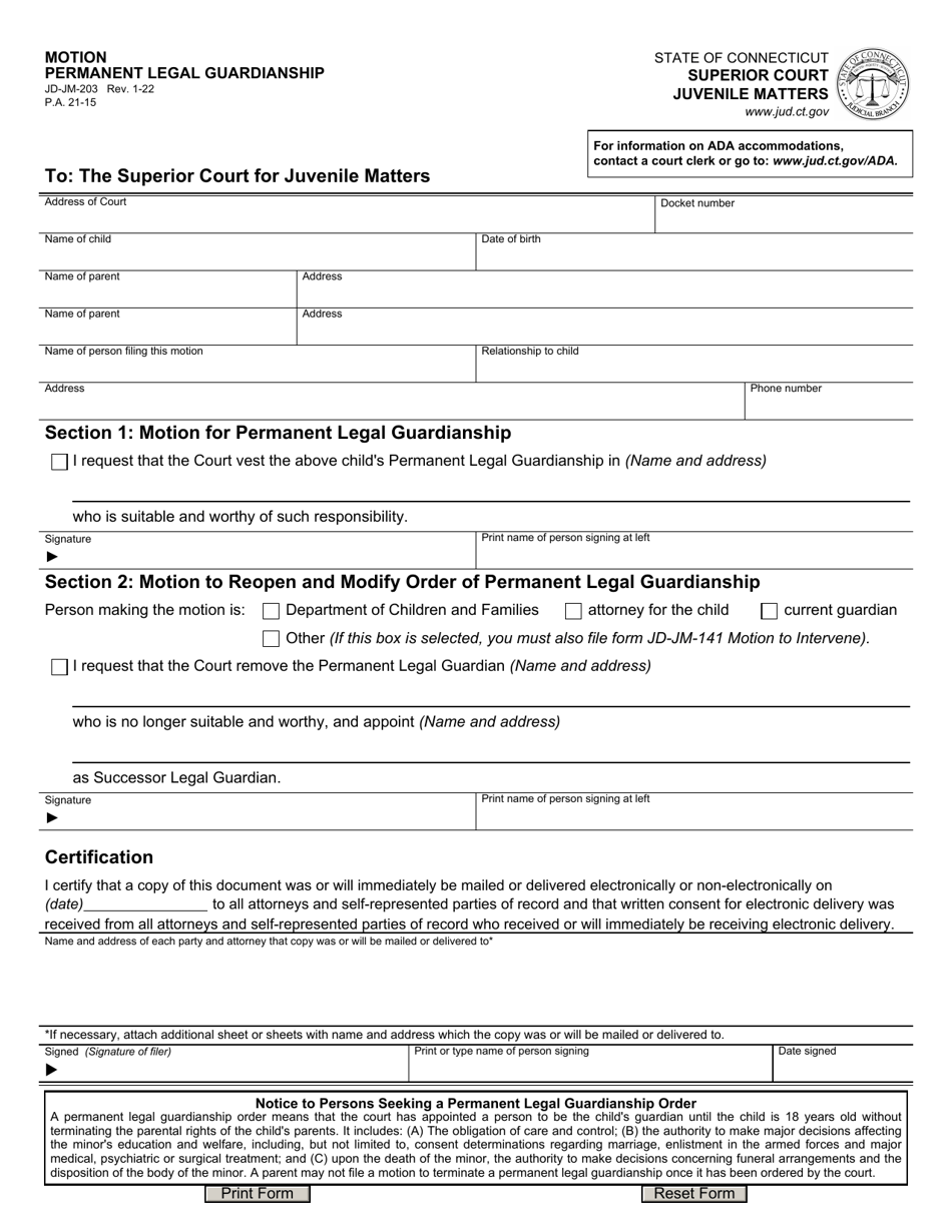 Form JD-JM-203 Download Fillable PDF or Fill Online Motion - Permanent ...