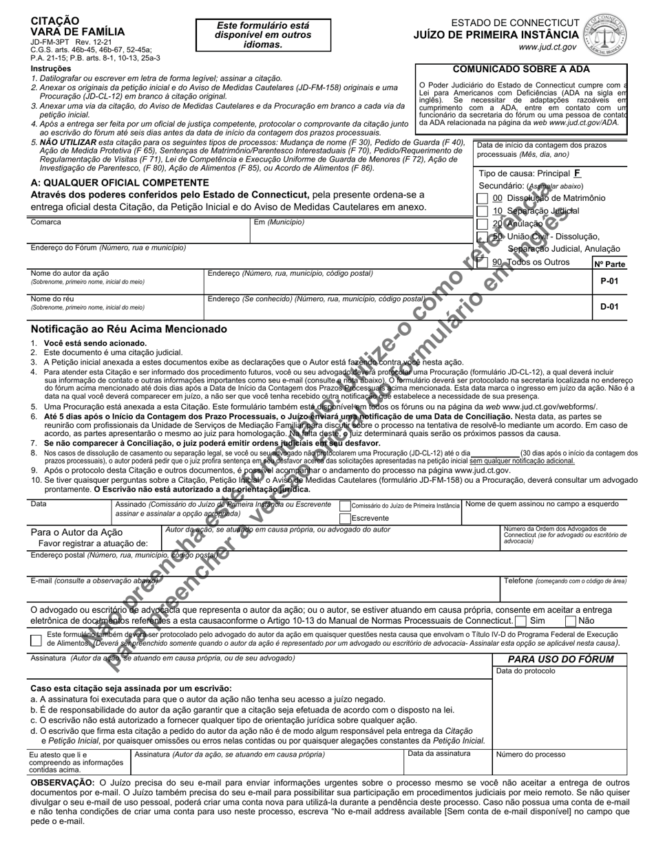 Form JD-FM-003PT Download Printable PDF or Fill Online Summons, Family Actions, Connecticut ...