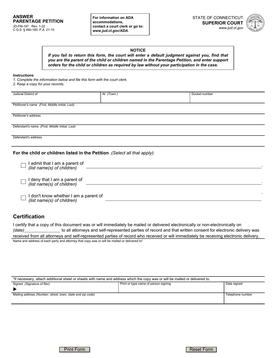 Form JD-FM-187 Download Fillable PDF or Fill Online Answer - Parentage ...