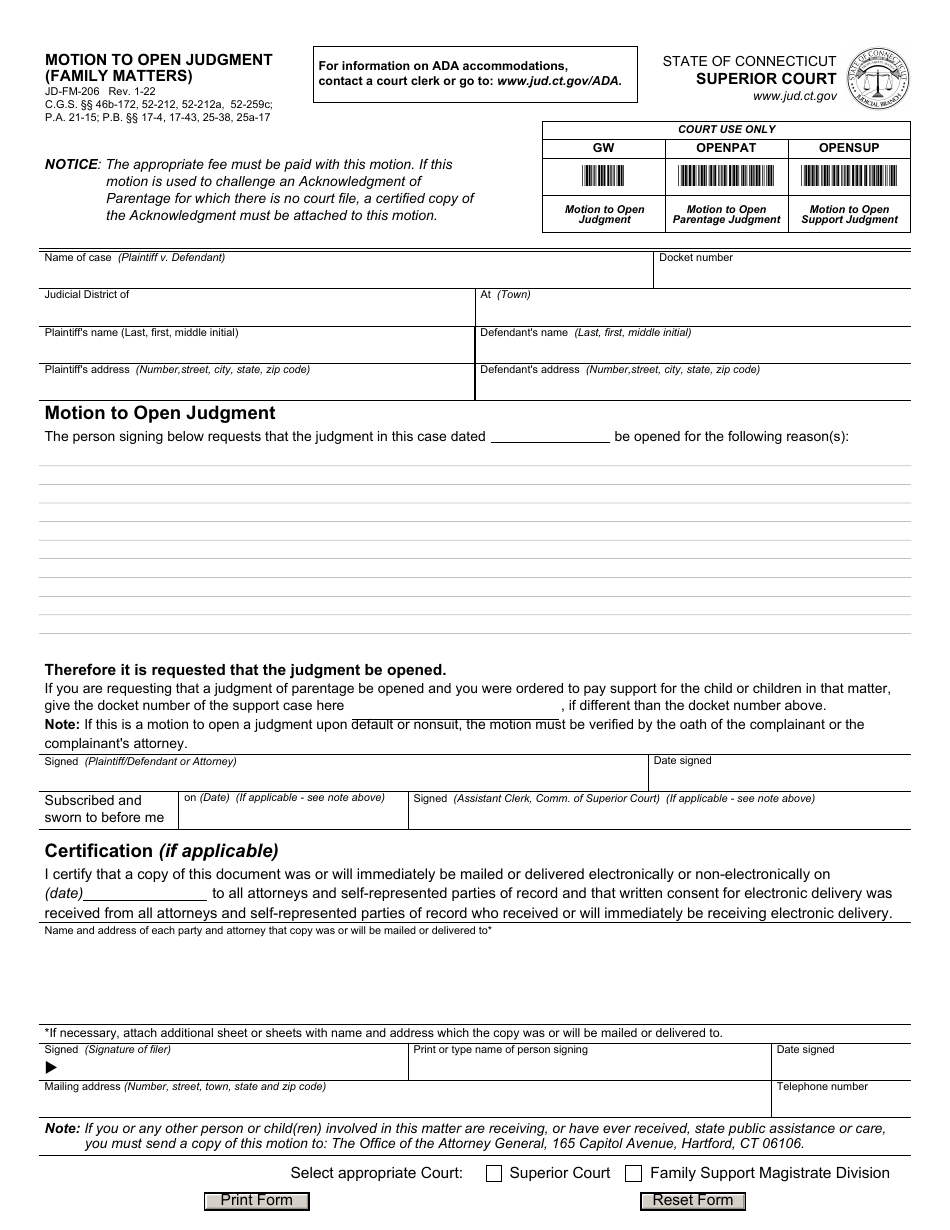 Form JD-FM-206 Download Fillable PDF or Fill Online Motion to Open ...