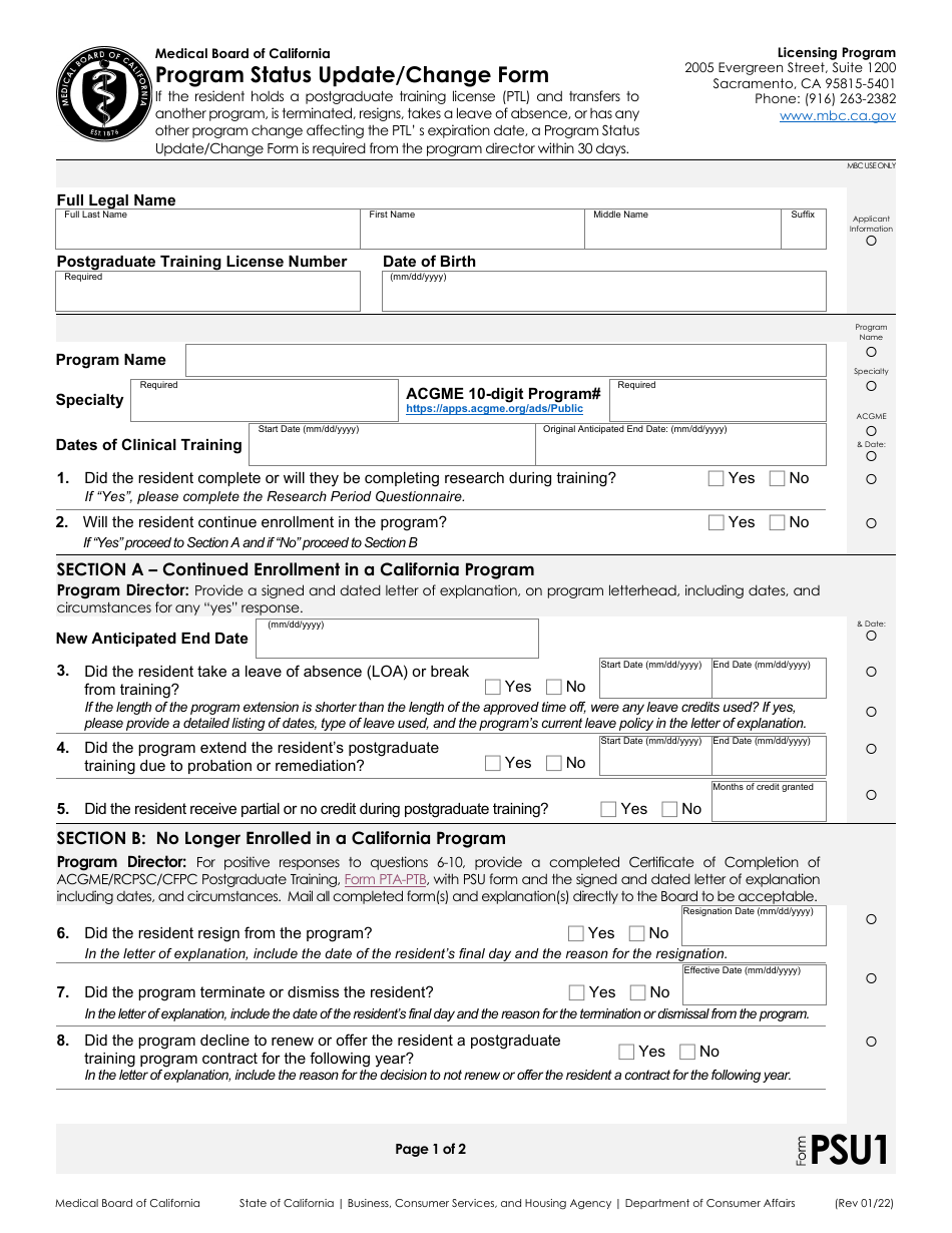 Form PSU - Fill Out, Sign Online and Download Fillable PDF, California | Templateroller