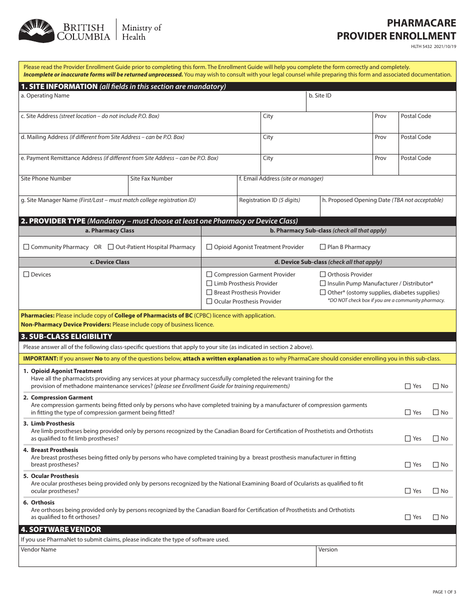Form HLTH5432 Download Fillable PDF or Fill Online Pharmacare Provider ...
