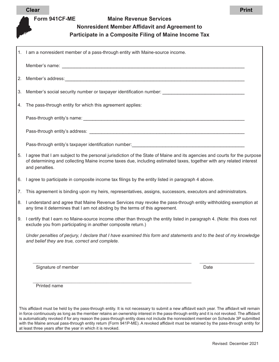 Form 941CF-ME Download Fillable PDF or Fill Online Nonresident Member ...