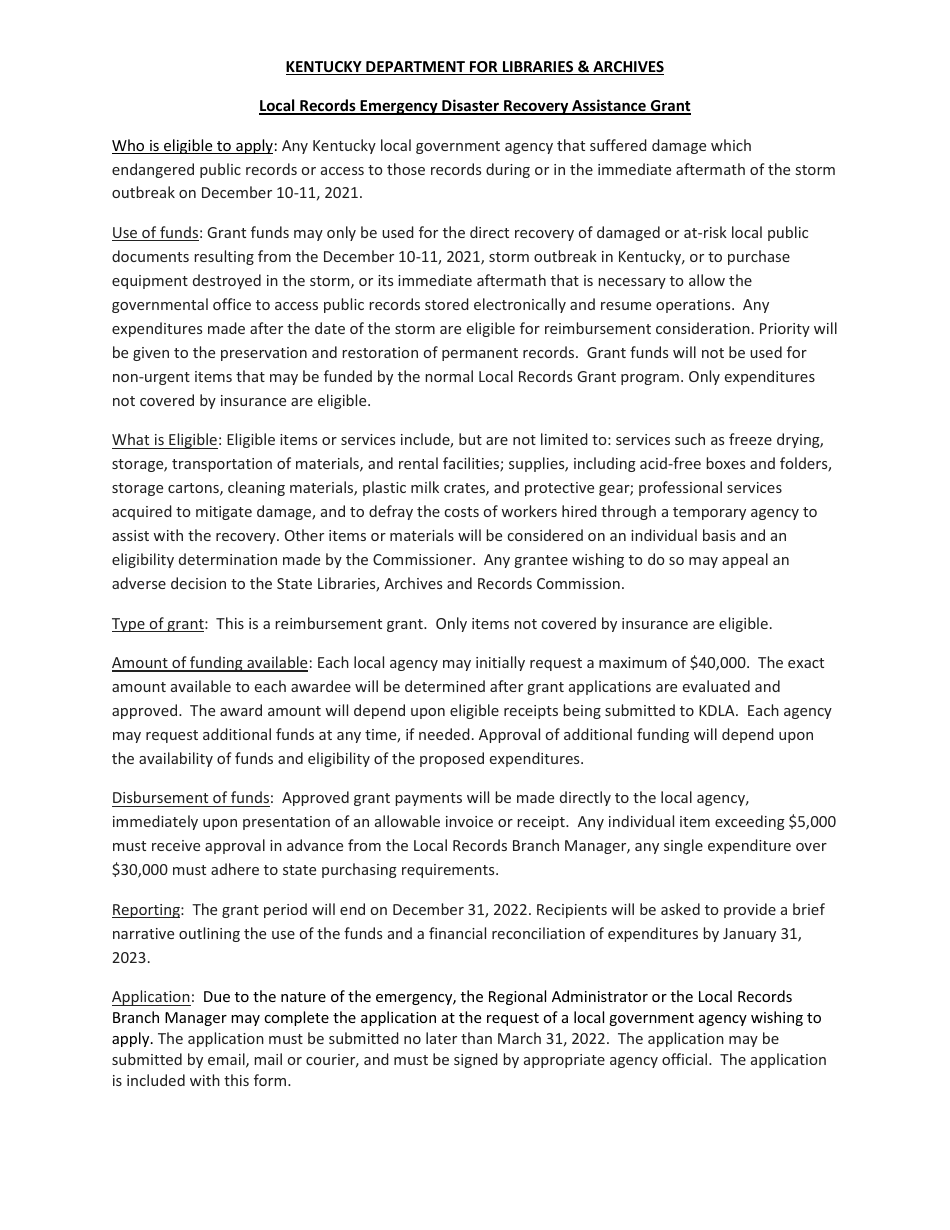 Kentucky Local Records Emergency Disaster Recovery Assistance Grant ...