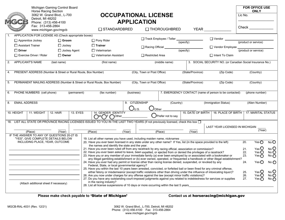 Form MGCB-RAL-4031 - Fill Out, Sign Online and Download Fillable PDF ...