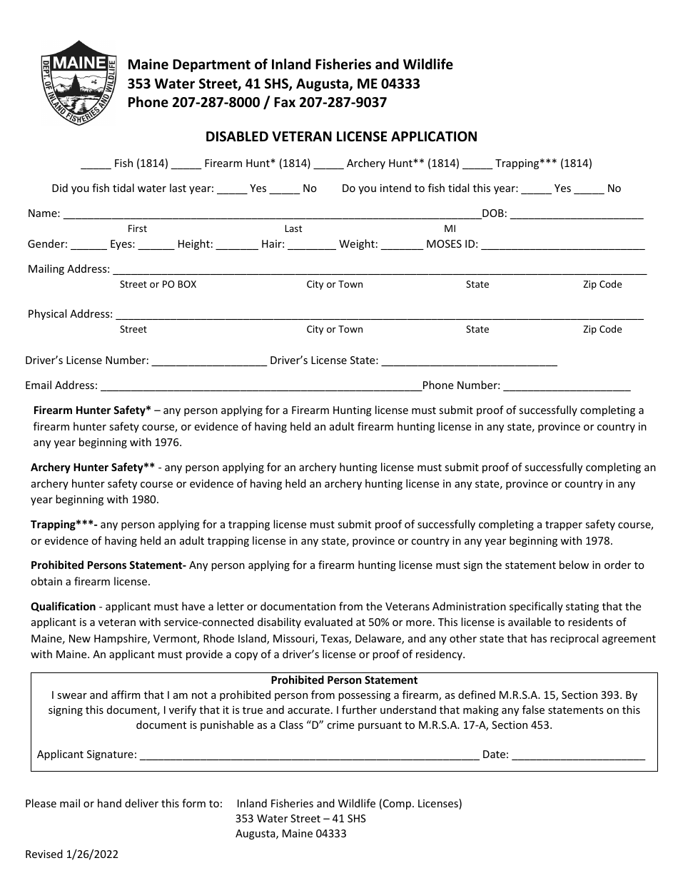 Maine Disabled Veteran License Application Download Fillable PDF 2020 ...