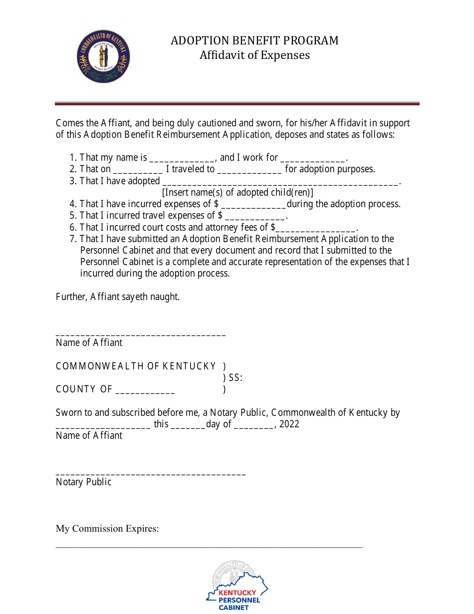 2022 Kentucky Affidavit of Expenses - Adoption Benefit Program Download ...