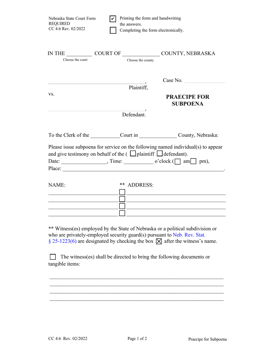 Form CC4:6 Download Fillable PDF or Fill Online Praecipe for Subpoena Nebraska | Templateroller
